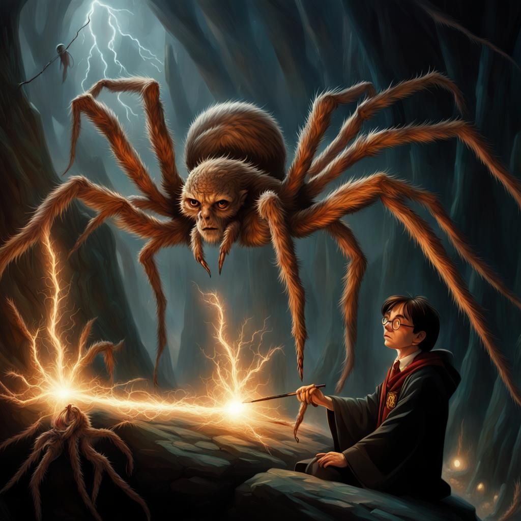 (Harry Potter, close-up:1.3) in the cave of the giant spiders; many ...