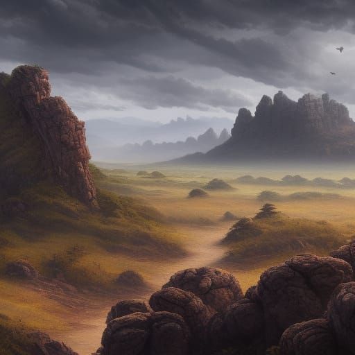 Hilly plains stretch out to a dusty expanse with a few trees clinging ...