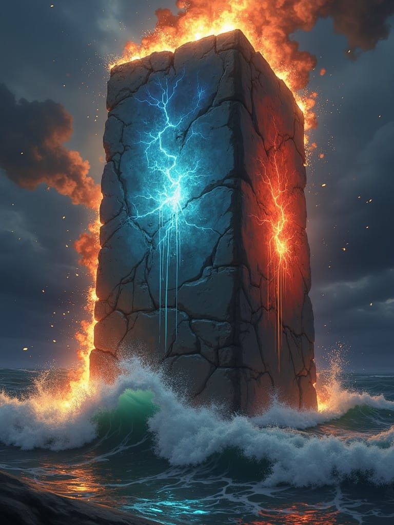 A colossal, iridescent, reddish-blue stone monolith, its surface etched ...