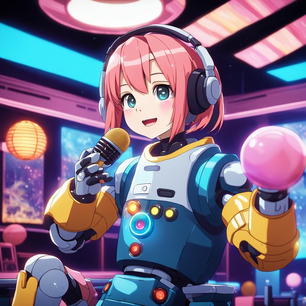 Cute anime robot singing karaoke. - Cute anime robot singing...