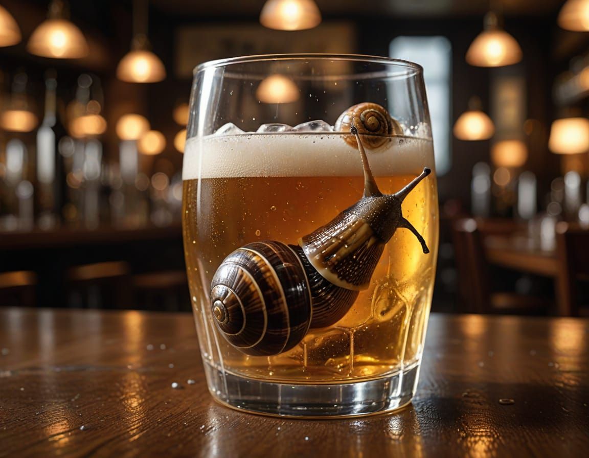 Snail 6 - A Snail Savoring Fine Beer in an Upscale Restaura...