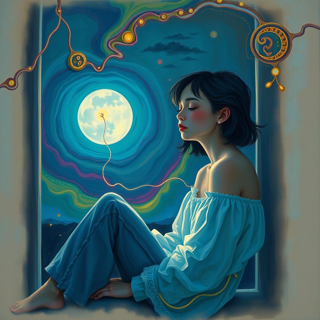 A Young Woman Lost in a Dreamy, Colorful Night - AI Art