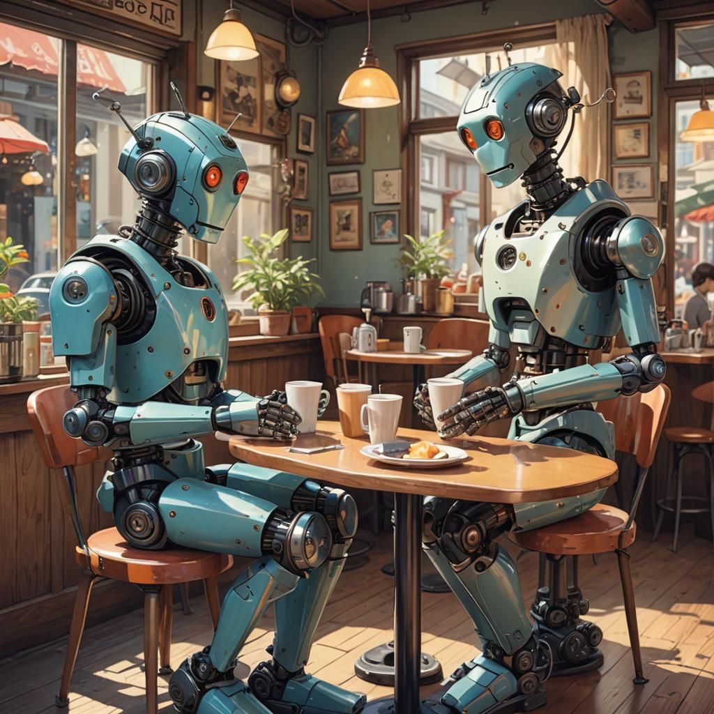 two robots sitting in a cafe, drinking coffee and talking to each other ...