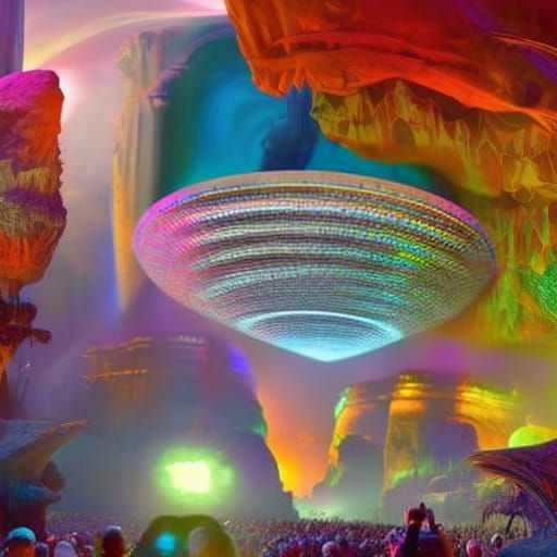 Intergalactic alien Rock band hovering over the Crowd :: huge natural ...