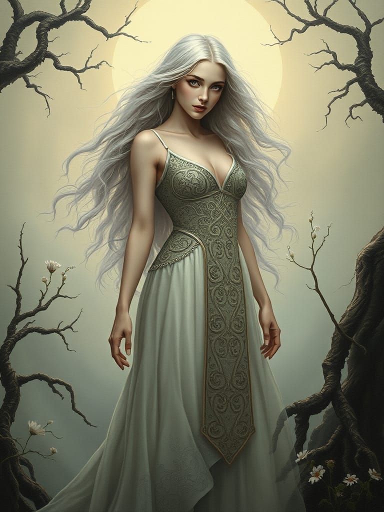 Beautiful Woman, Full Body Portrait in Pale Earth Colors