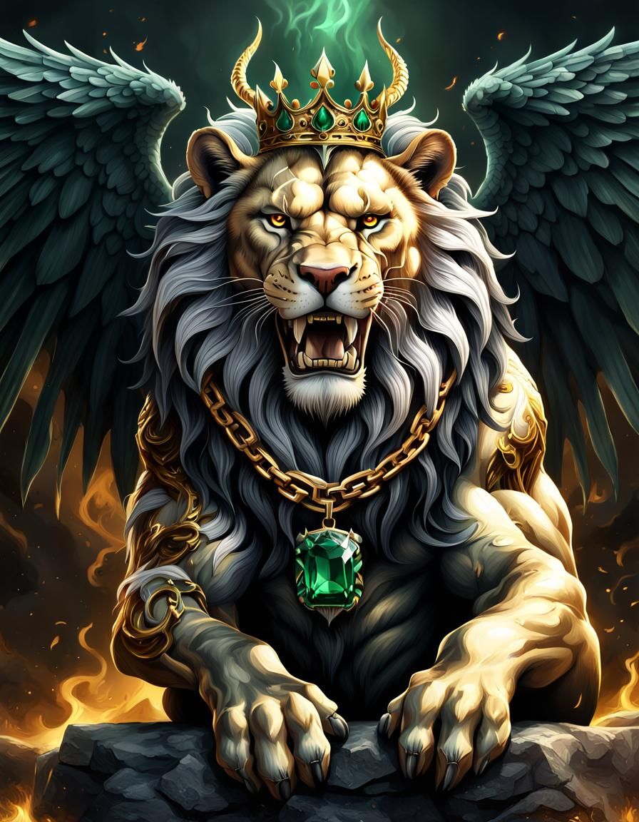 Photorealistic,Darkness incarnate attractive lion emerald and black ...