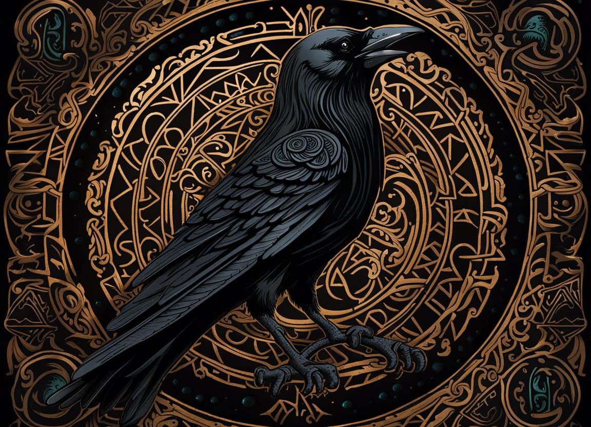 Graphic featuring a black crow perched atop a collection of intricately ...