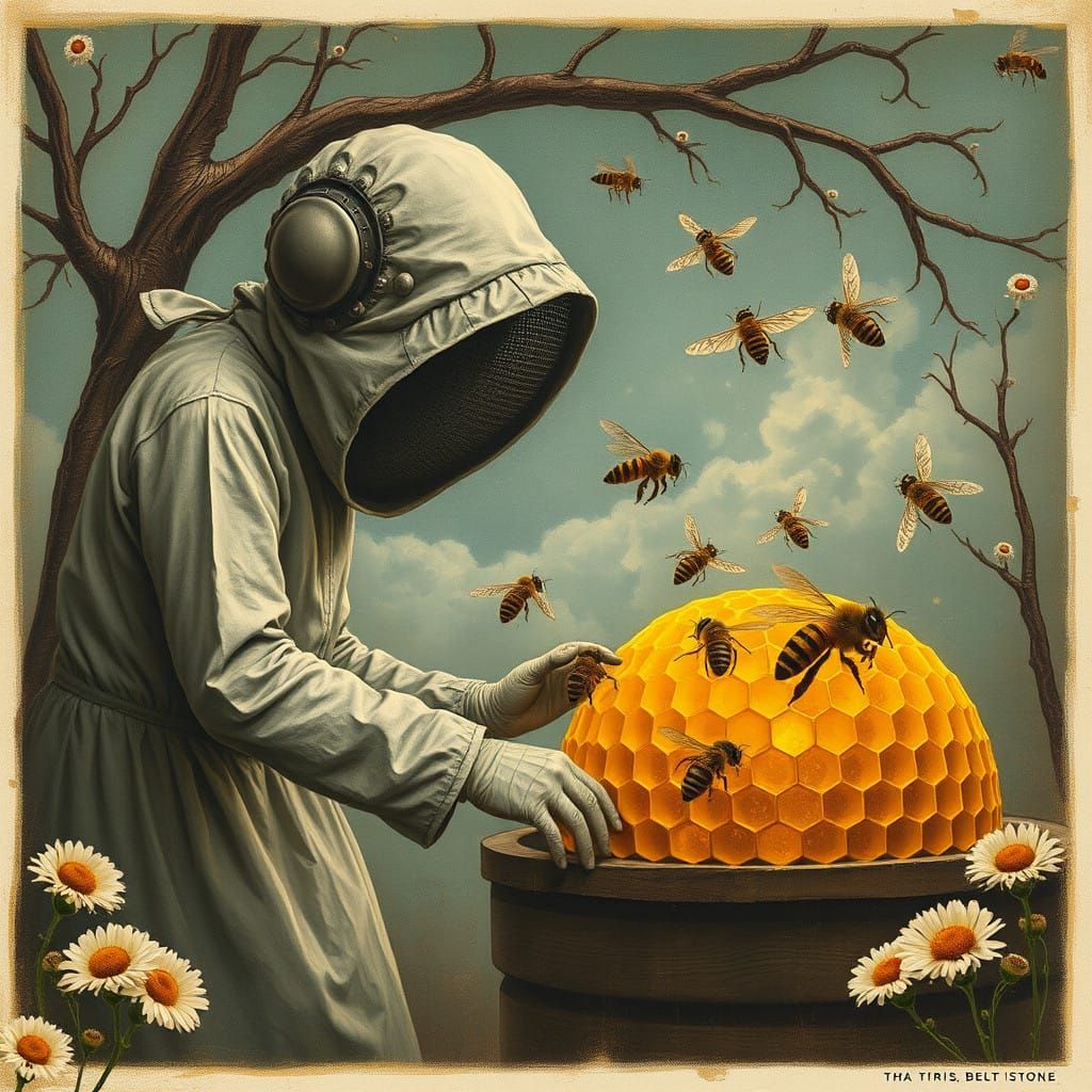 Surrealism, biopunk, alien bee keeper, magic honey... - AI Art