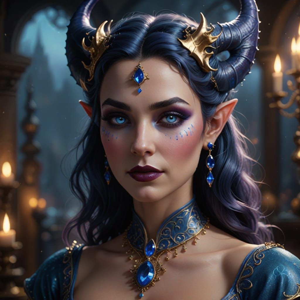 A closeup of a opulent happy attractive feminine azure skinned Tiefling ...