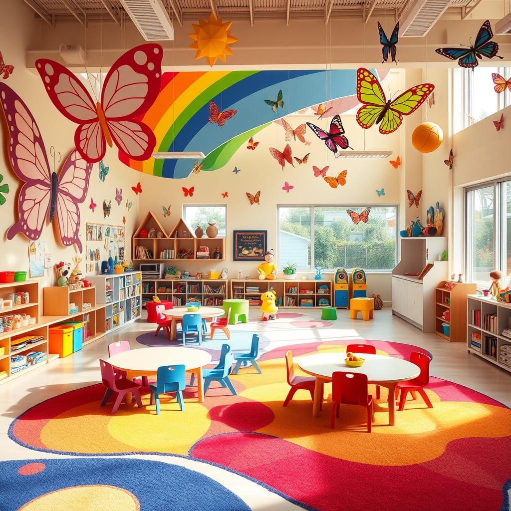Vibrant Butterfly-Themed Preschool Classroom in Wh... - AI Art