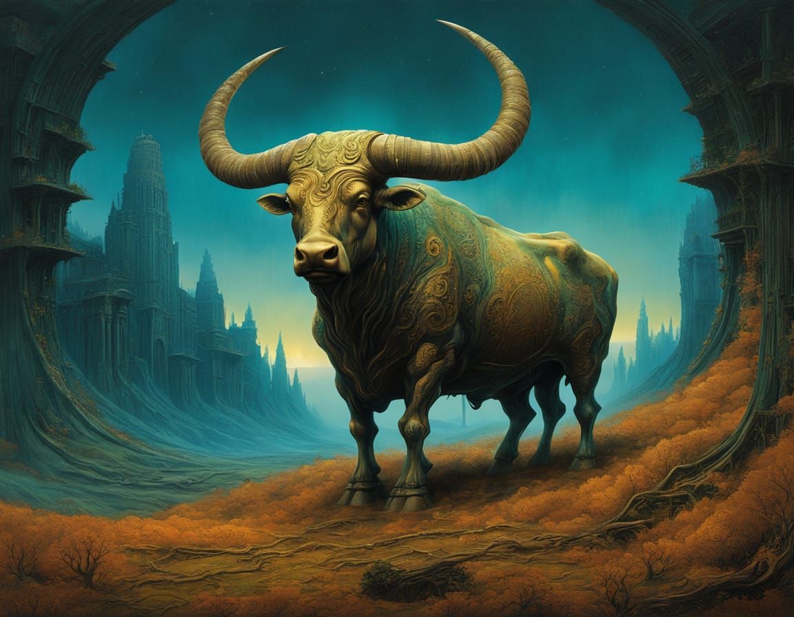 Surreal Bull of Taurus Reigns Over Lush Celestial ... - AI Art