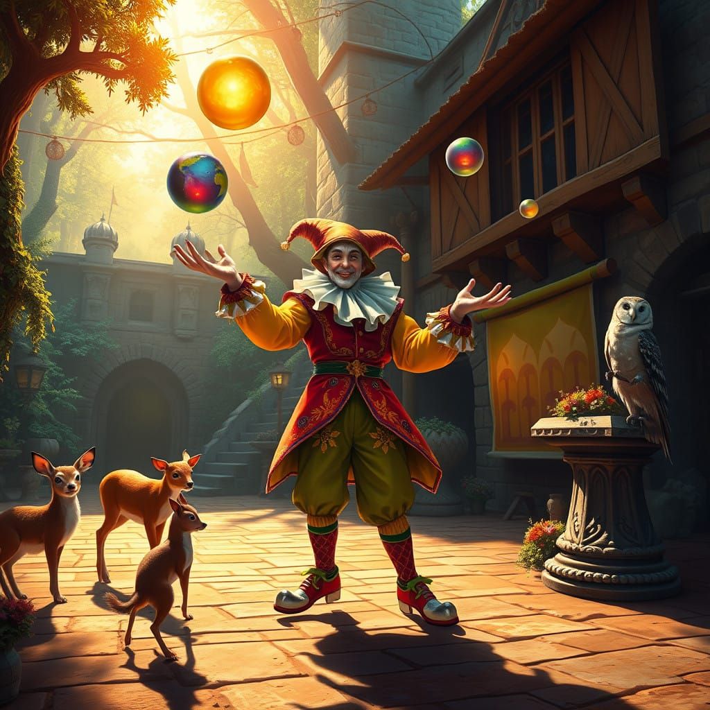 Medieval Jester Juggles in Whimsical Forest Scene - AI Art