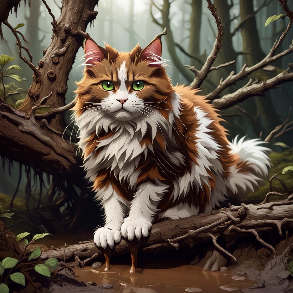 a very grumpy russet and white Norwegian forest cat trapped in a branch ...