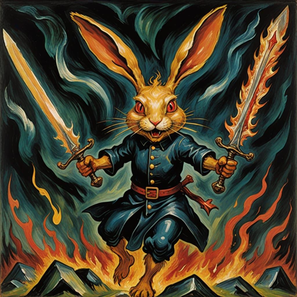 Surreal Rabbit Wields Blazing Elemental Swords - AI Art