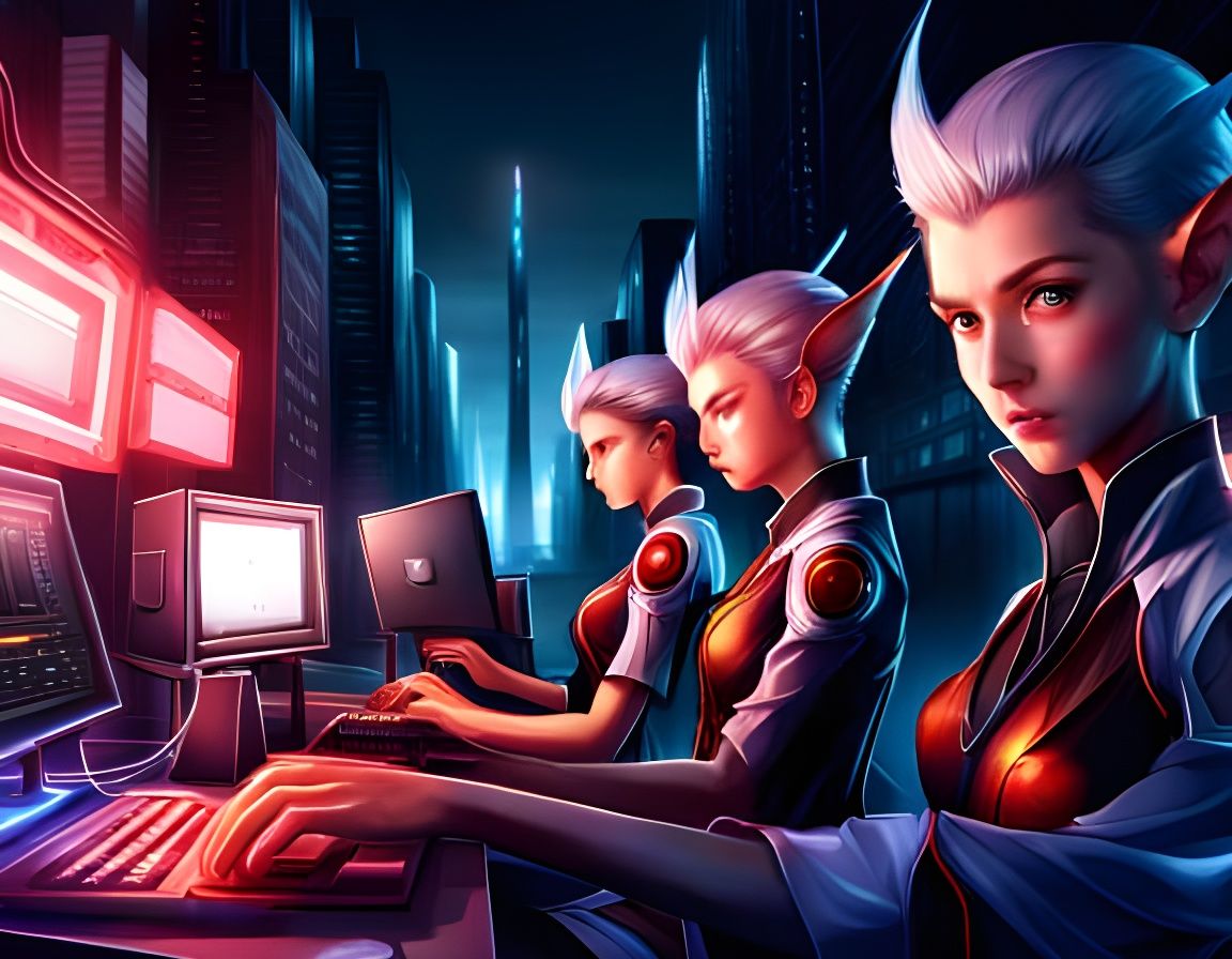 Sci-fi Elves using Computers I - AI Generated Artwork - NightCafe Creator