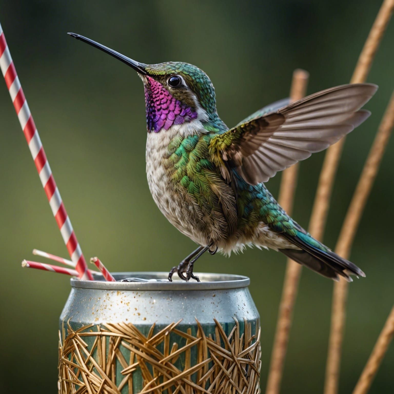 hummingbird sitting on a straw in a can soda , detailed 8k photo, Epic ...