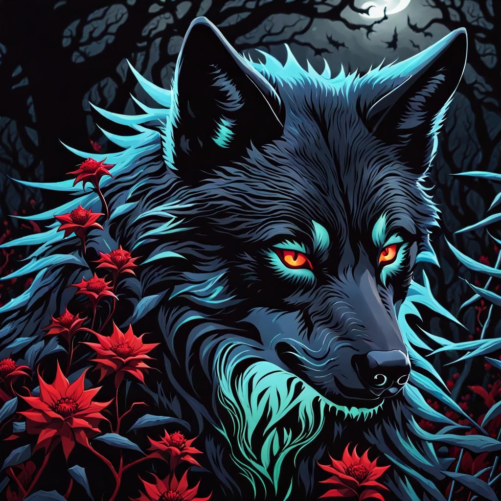 (macabre dark fantasy art of a evil demonic wolf lady surrounded by black thorns and strange ...