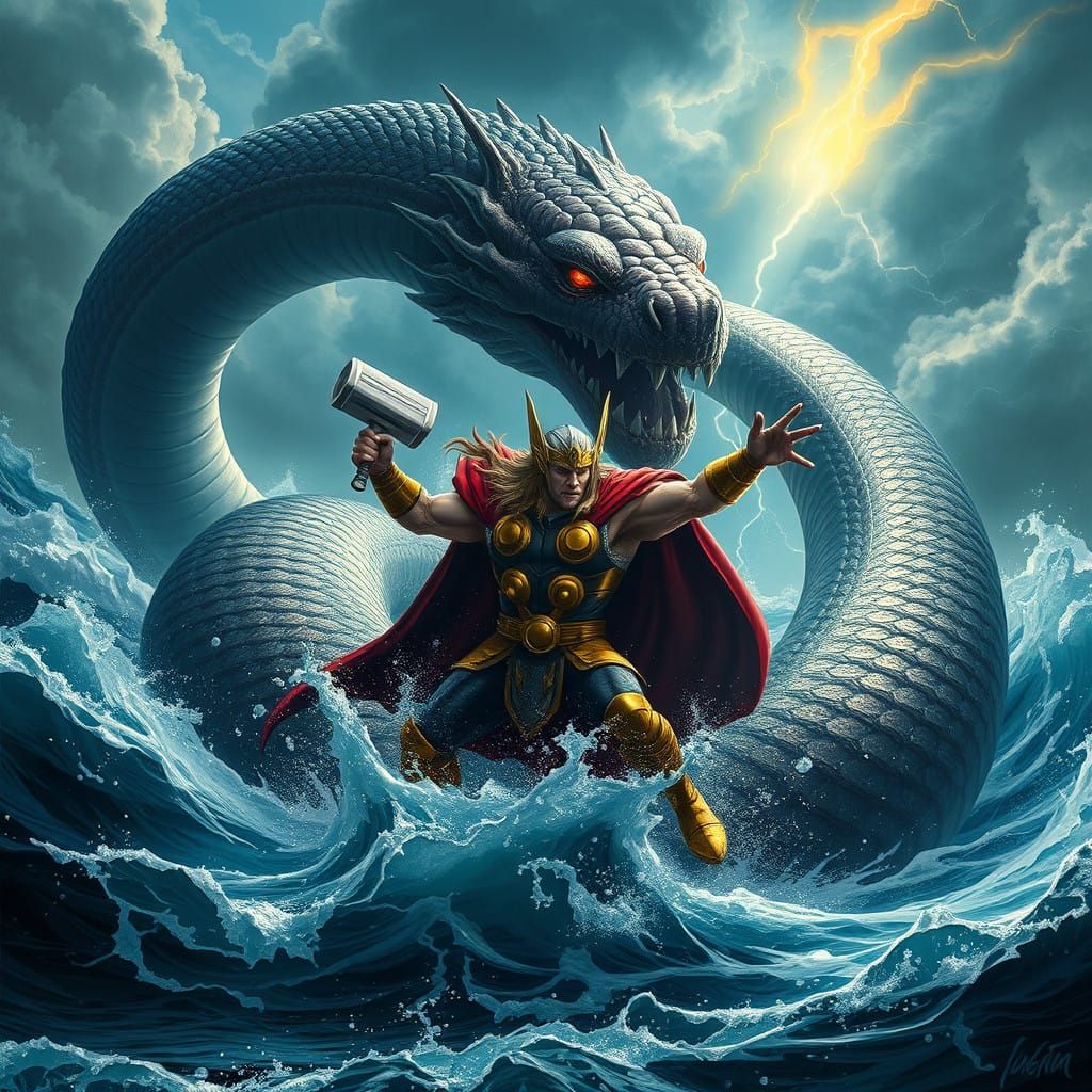Thor fighting the Midgard serpent - Thor Battles the Midgar...