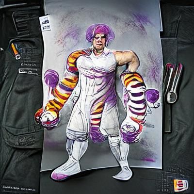 Purple-haired muscular clown wearing white gloves, white boots, and a ...