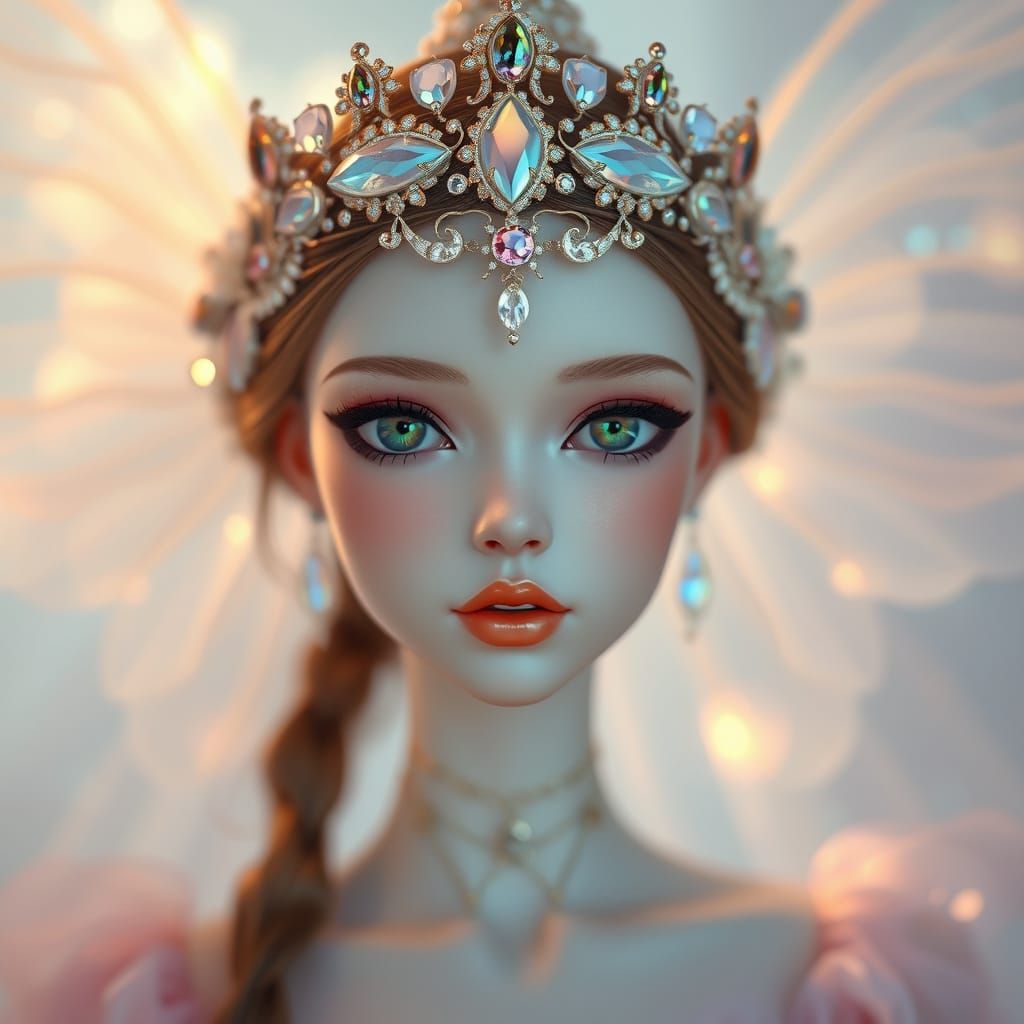 Ethereal woman with delicate, doll-like features and an iridescent glow ...