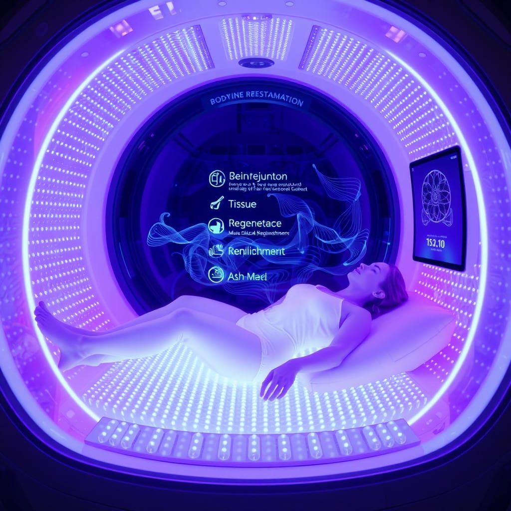 A woman lies in a cell regeneration capsule, is treated, regenerates cells.