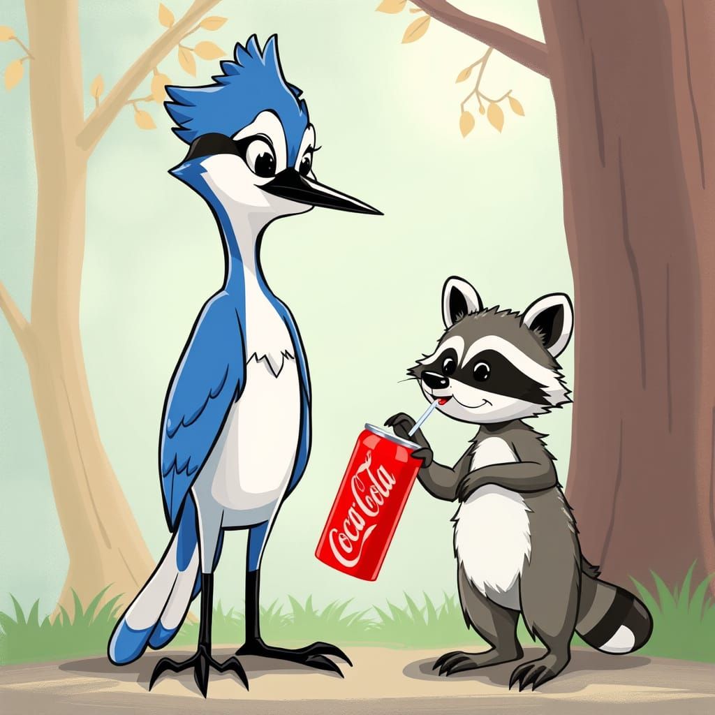 Cartoon Blue Jay and Raccoon Enjoying Coca-Cola - AI Art