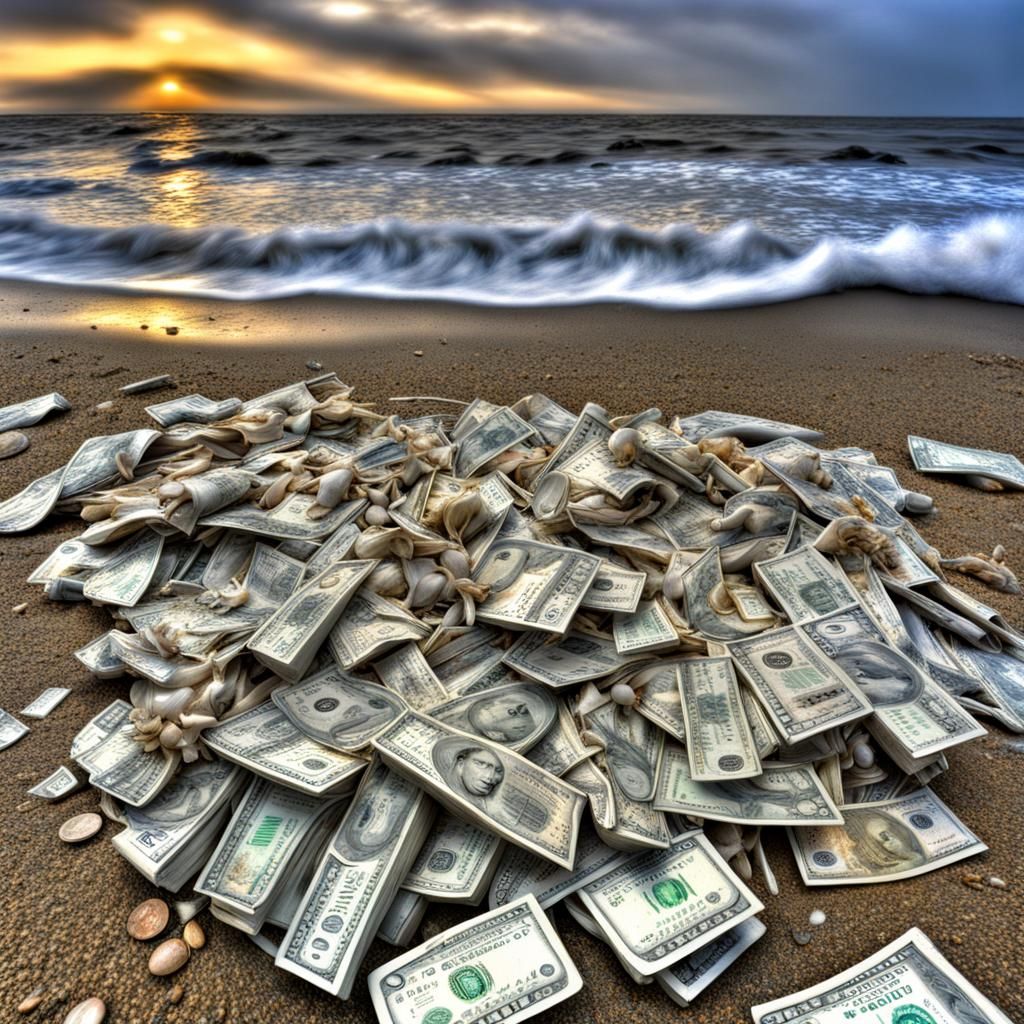 Money washed ashore and covering the beach, intricate details ...