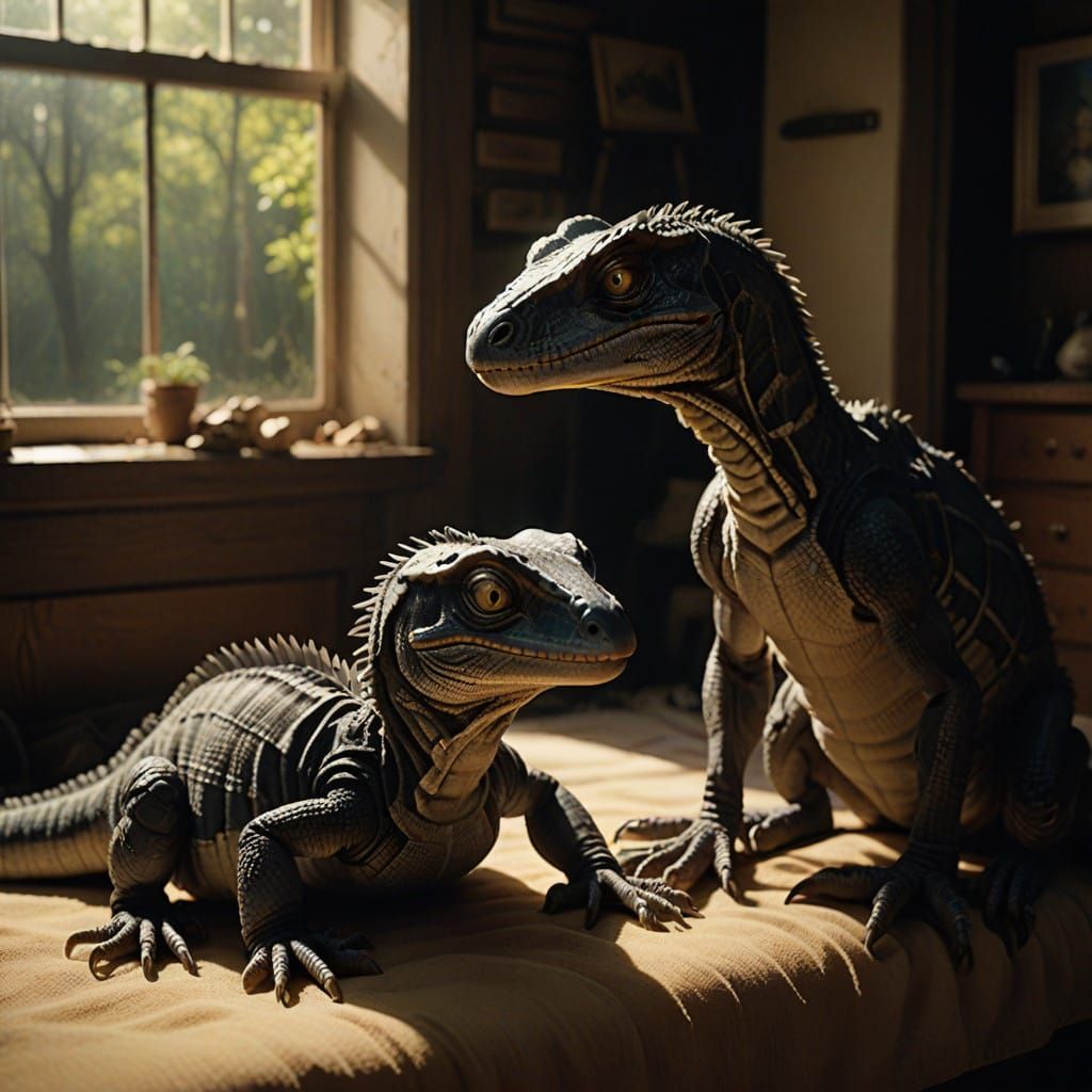 Baby Lizard and Velociraptor Snuggle in Warm Sunli... - AI Art