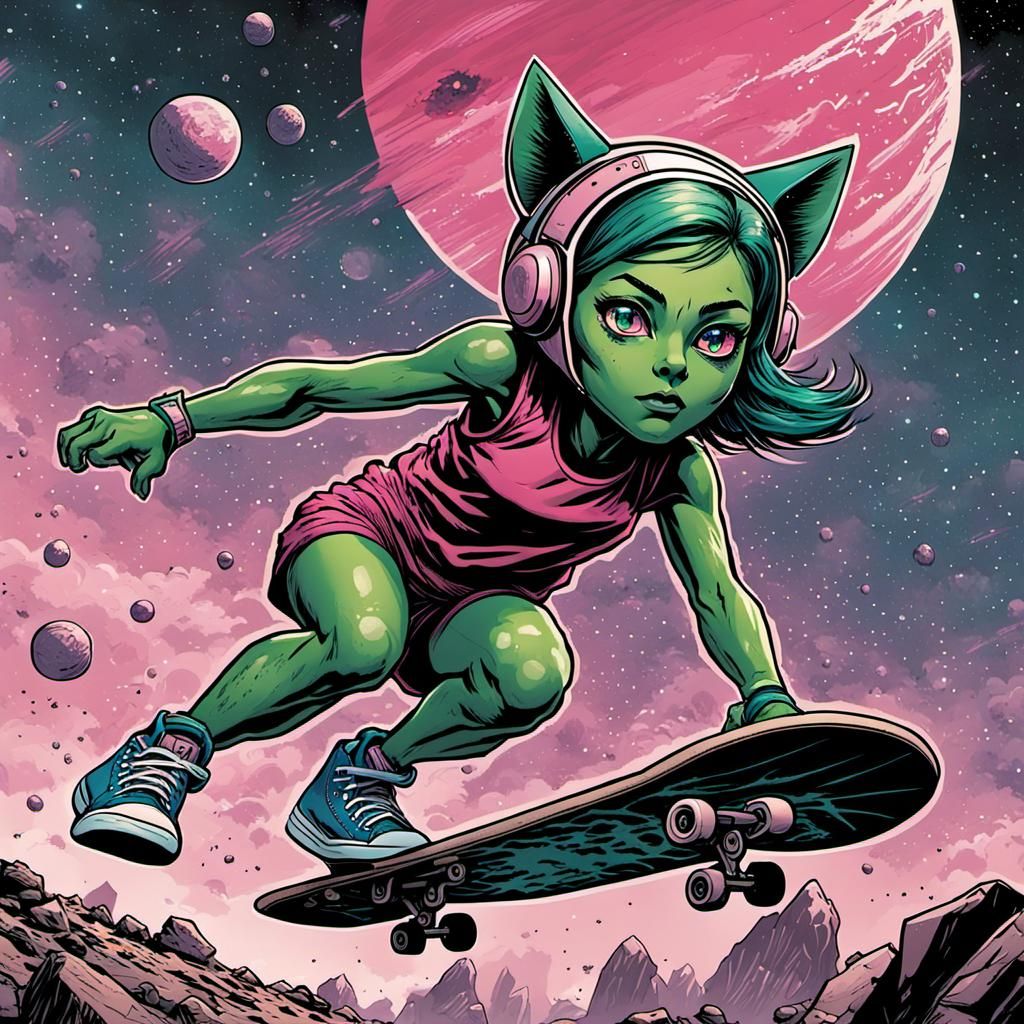 Alien woman with cat ears, big eyes and green and pink body. She is ...