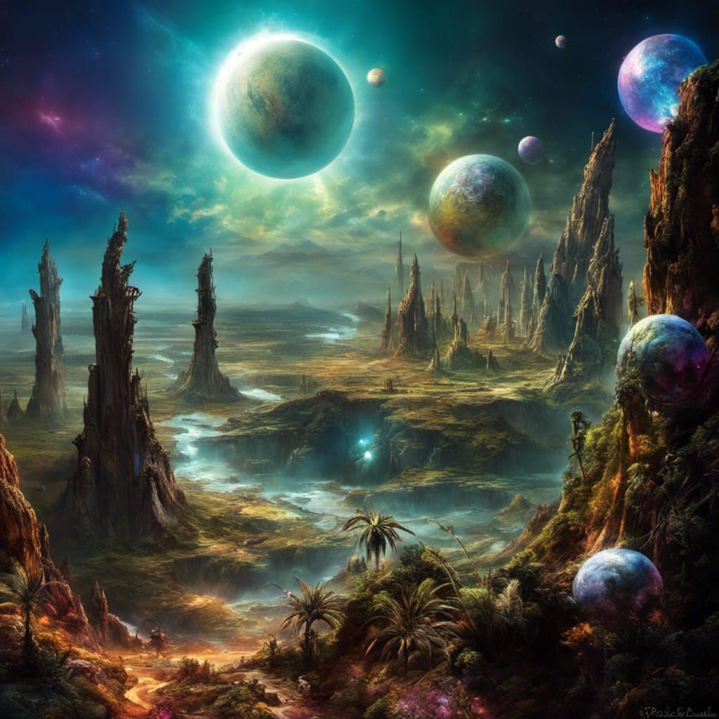 a fantastical alien planet with iridescent moons floating across the ...
