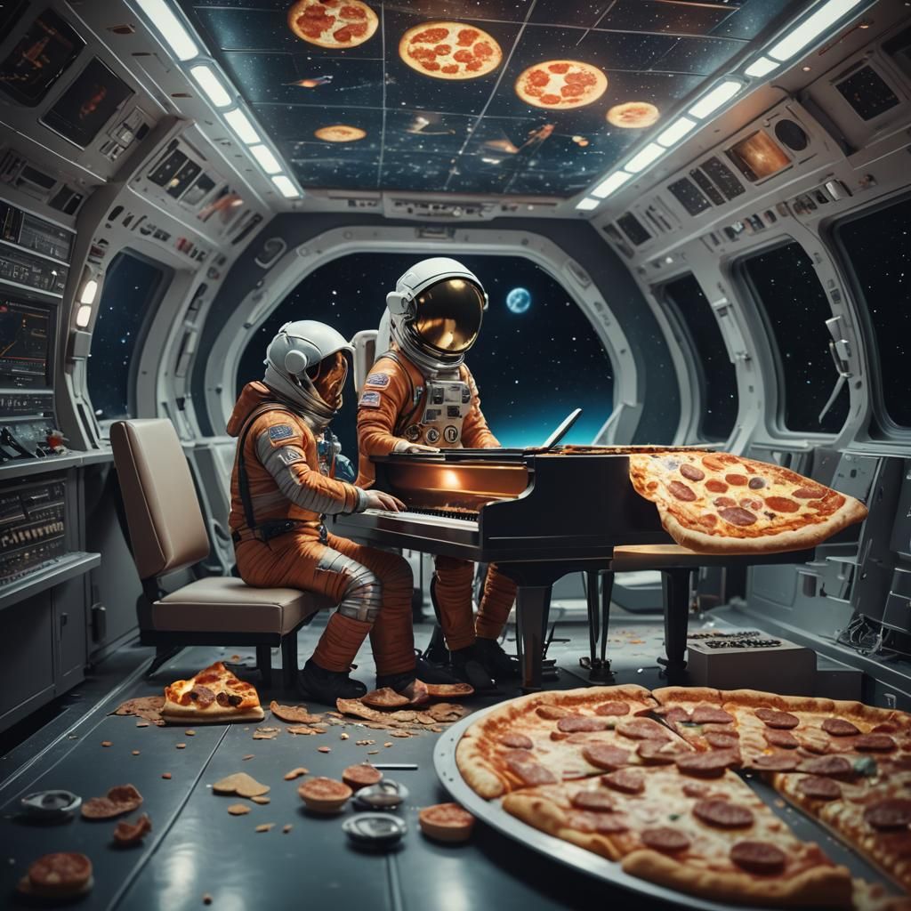 astronaut playing piano in space ship, background floating pizza in spaceship - AI Generated ...