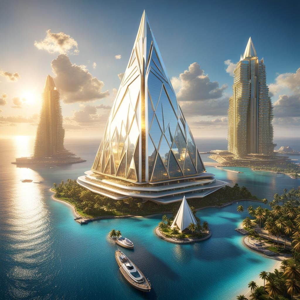 white gold seascape skyscraper called the Hyrayarch. Crystal Pyramids ...