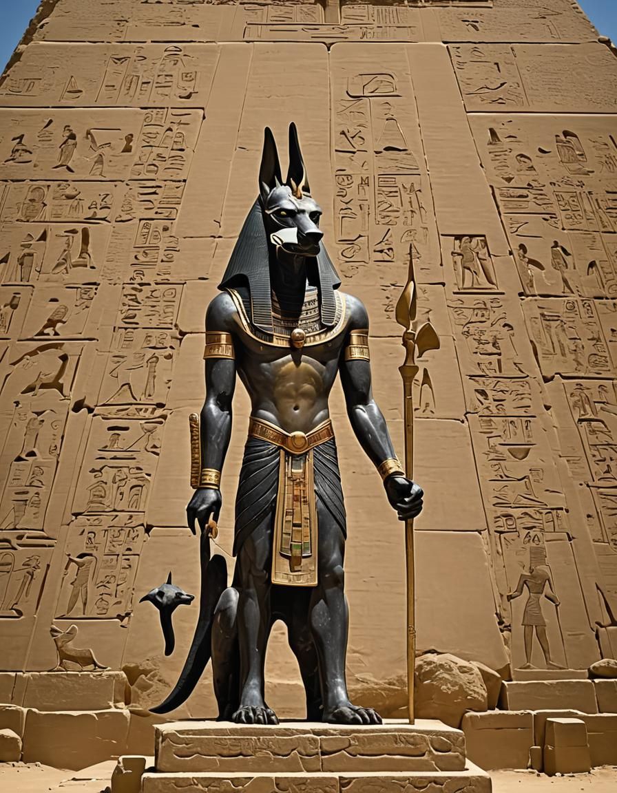 The god Anubis stands beside the pyramid. - AI Generated Artwork ...