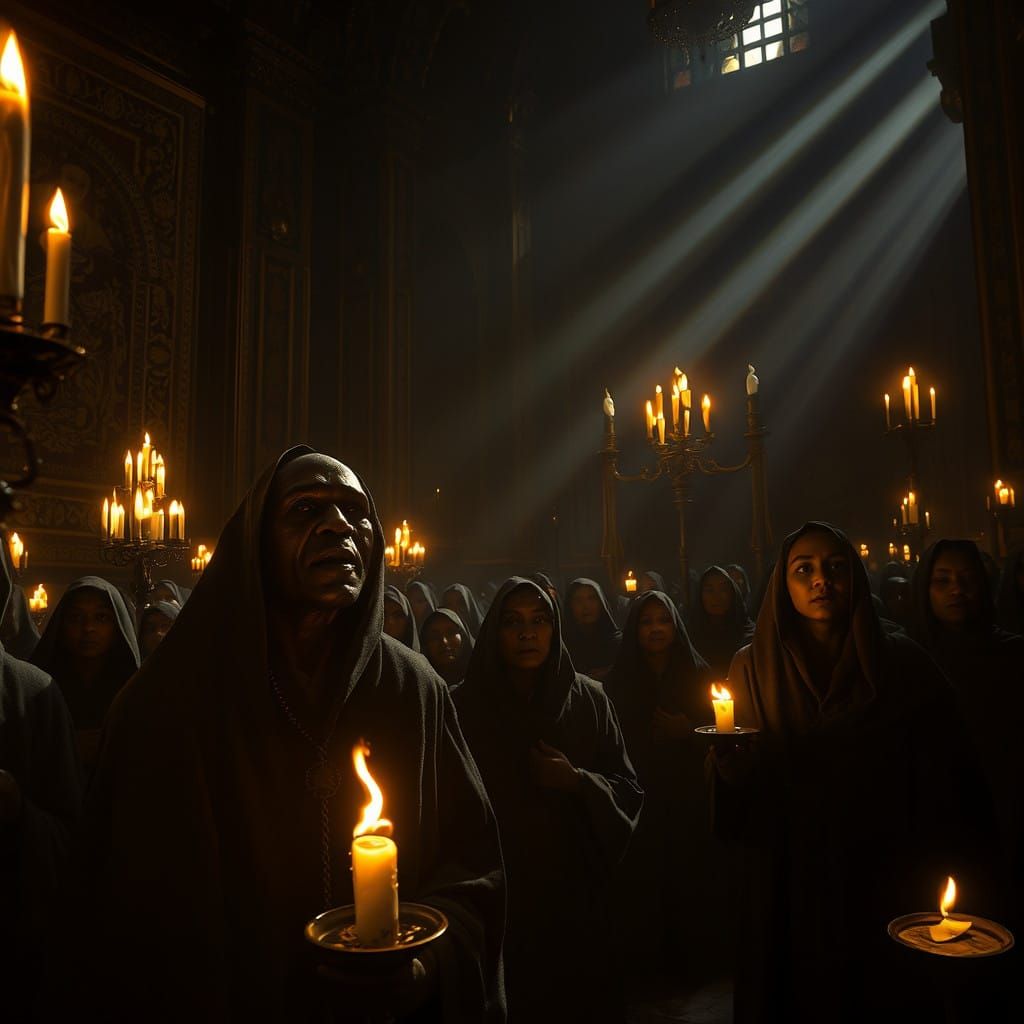 religion fanatics - Intricately Robed Figures in a Grand Tem...