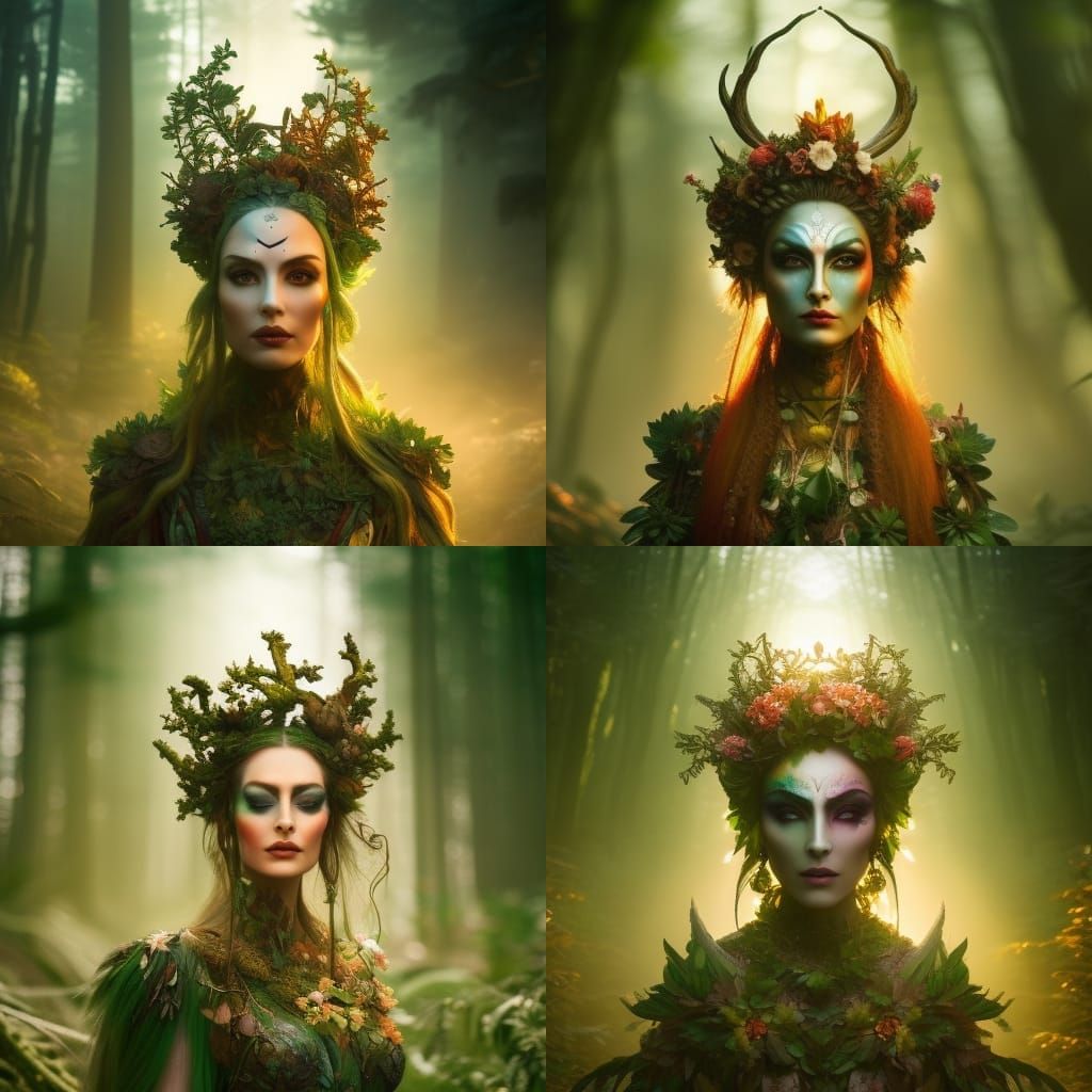 profile beautiful dryad, nature spirit, facepaint, in a forest at dawn ...