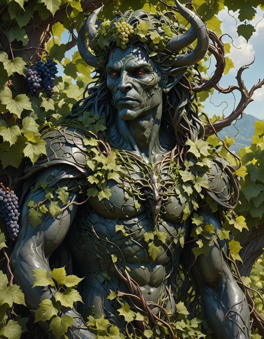 Statue of a mystical demon Covered in Vines, in the vineyards head and ...