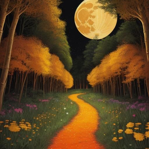 A painting of a glowing golden yellow pathway through a field of ...
