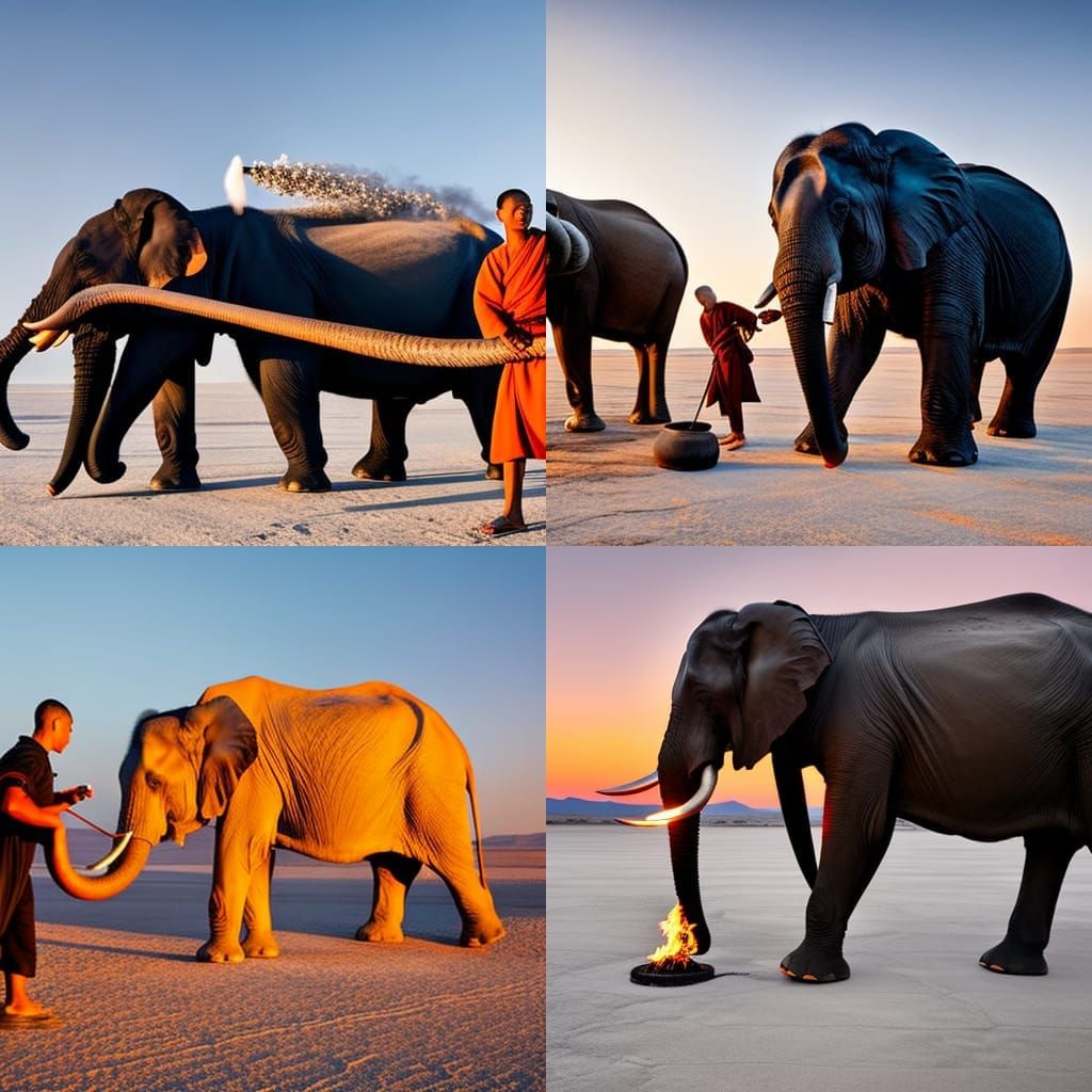 Shaolin Monk holding burning torch, feeding a giant black elephant ...