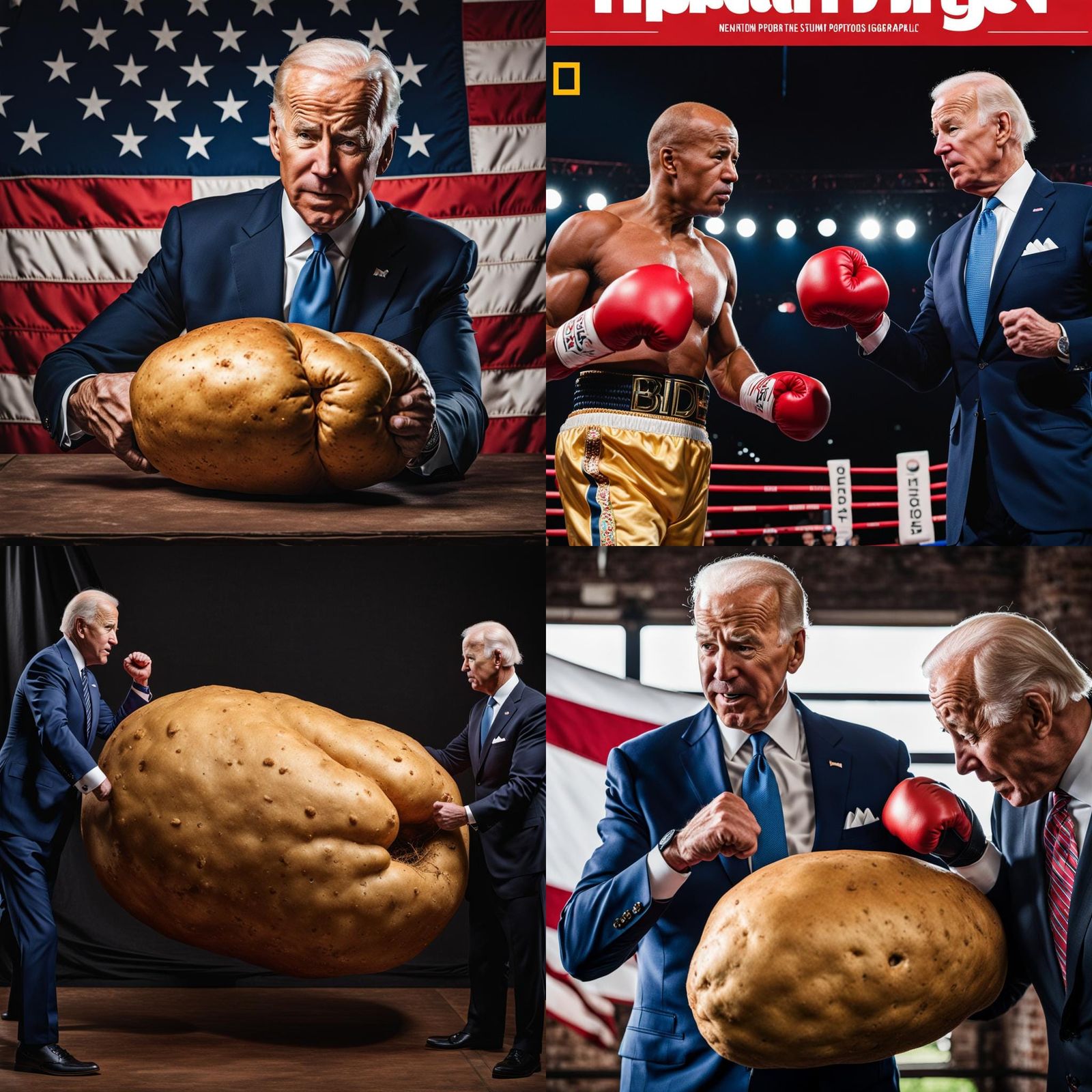 Joe Biden Boxing 🥊 with a Giant Potato 🥔, hyperrealism , hyperdetailed ...