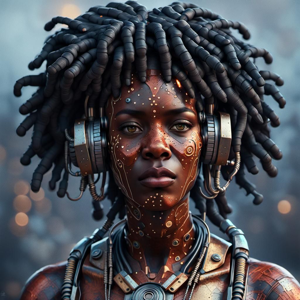 a fine art emotional portrait of african female android, intricate ...