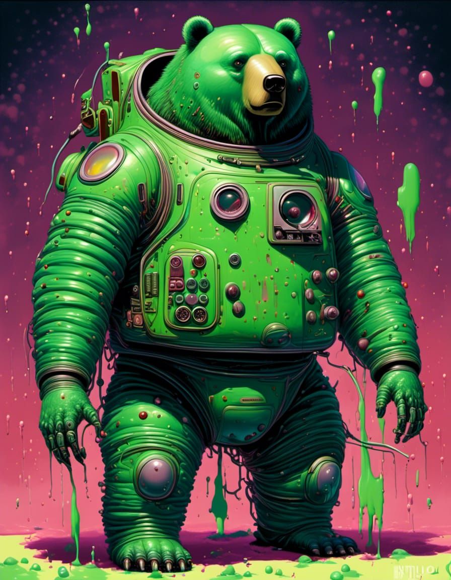 "Astronaut obese Bear alien with intense glowing bioluminescent green ...