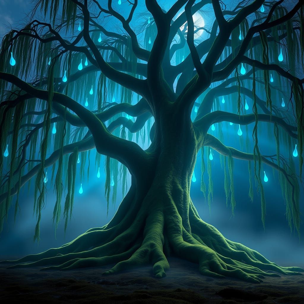 "Cinematic wide shot of a colossal, ancient weeping willow tree standing sentinel in a misty ...