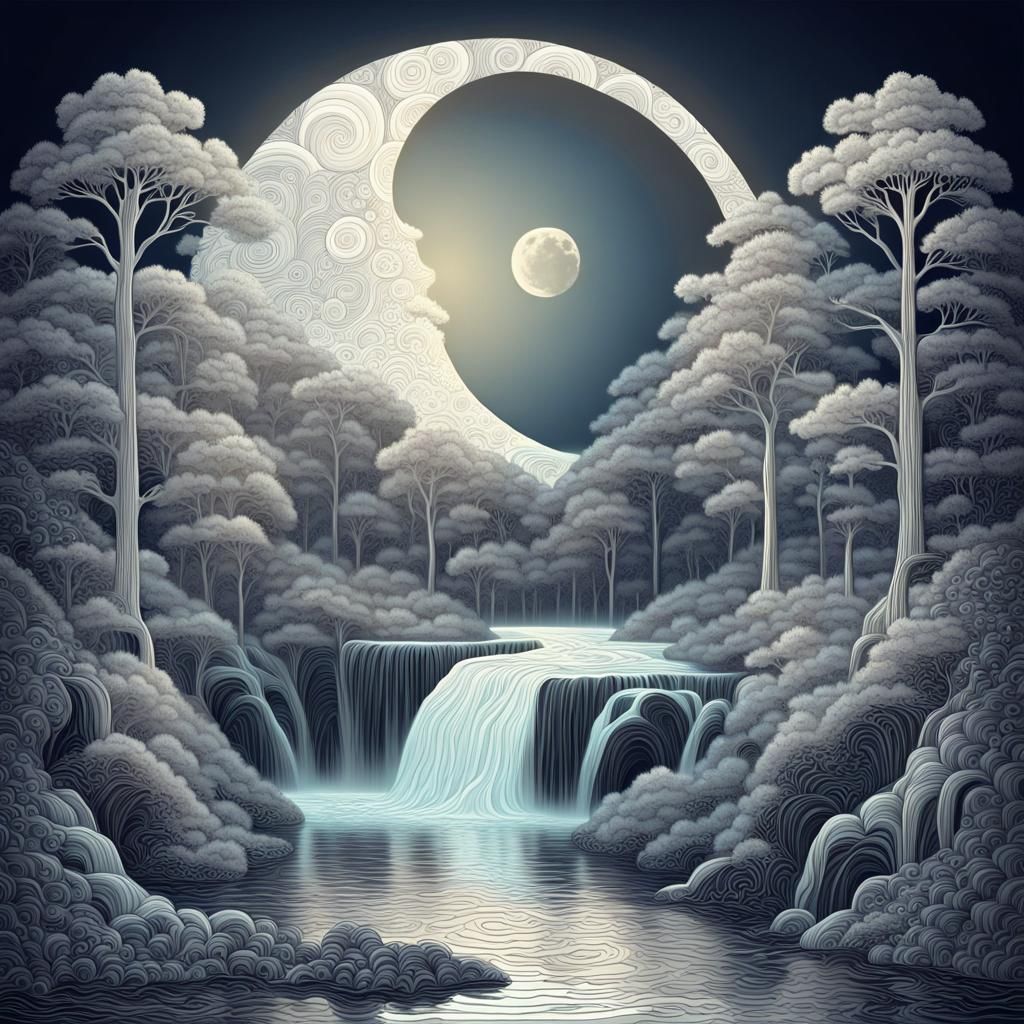 A luminous scene of the moon rising over a waterfall, and a river in ...