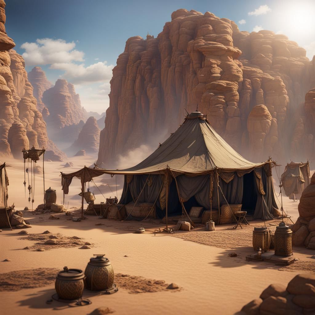 An ancient nomad camp of bedouins placed on top of a cliff in a rocky desert. - AI Generated ...