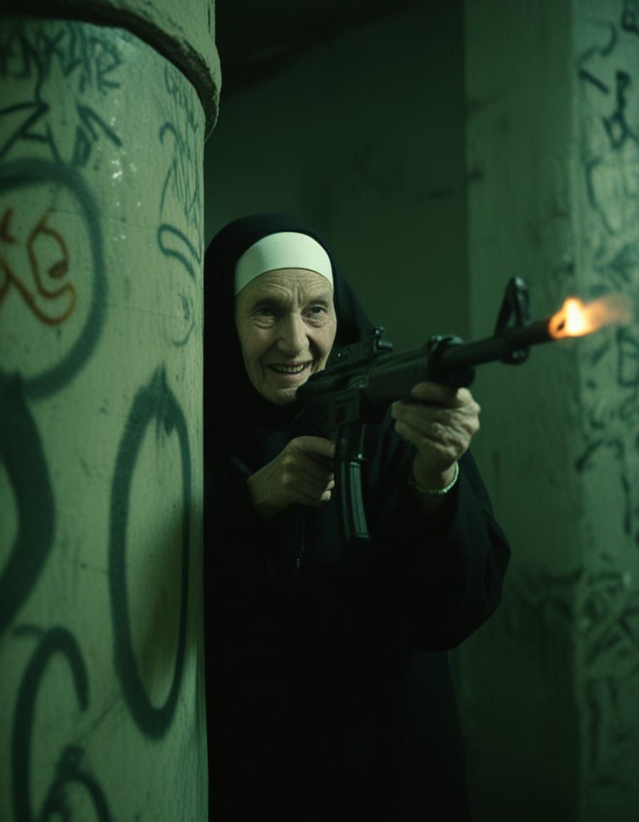 Elderly Nun Fires Assault Rifle in 1970s NYC Subwa... - AI Art