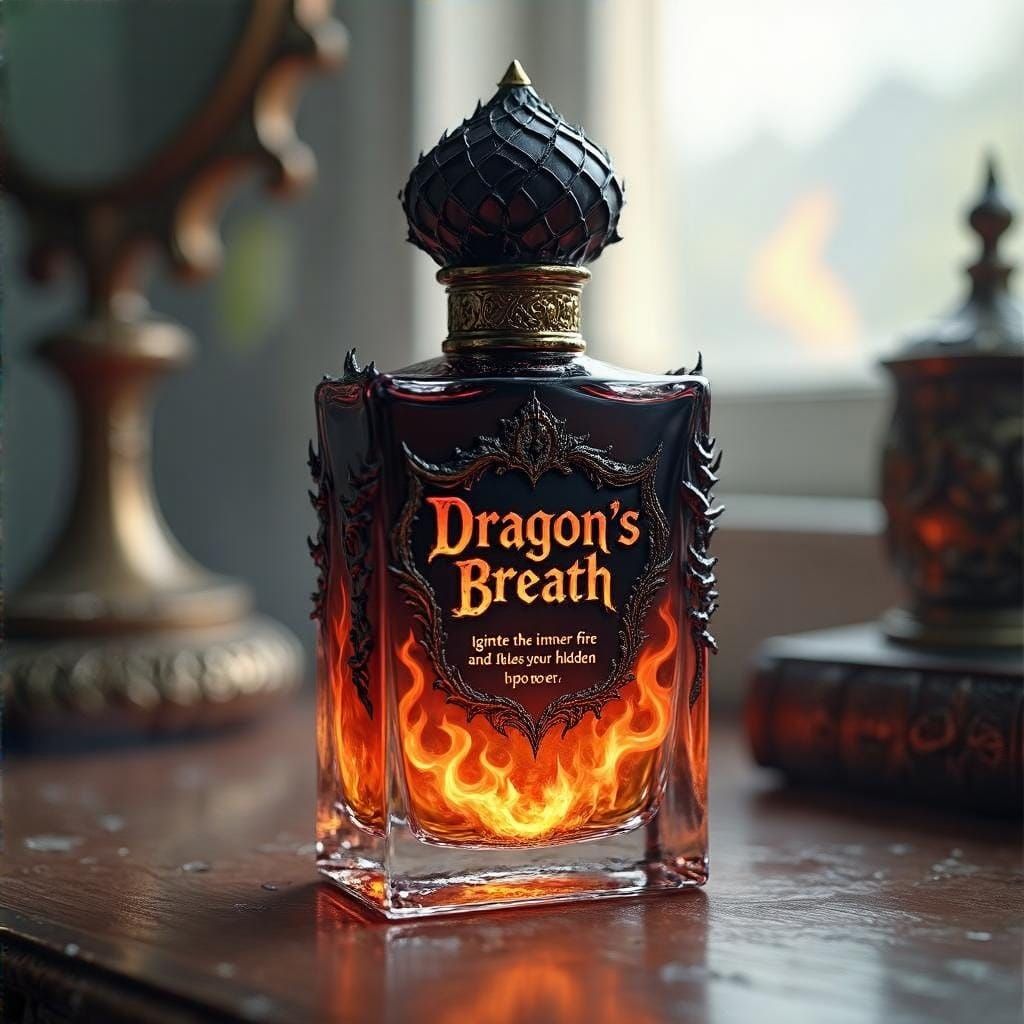 For today's challenge: A bottle of "Dragon's Breath" perfume sits on a ...