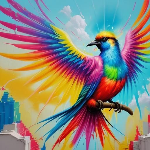 Ornate colourful bird graffiti art, splash art, street art, spray paint ...