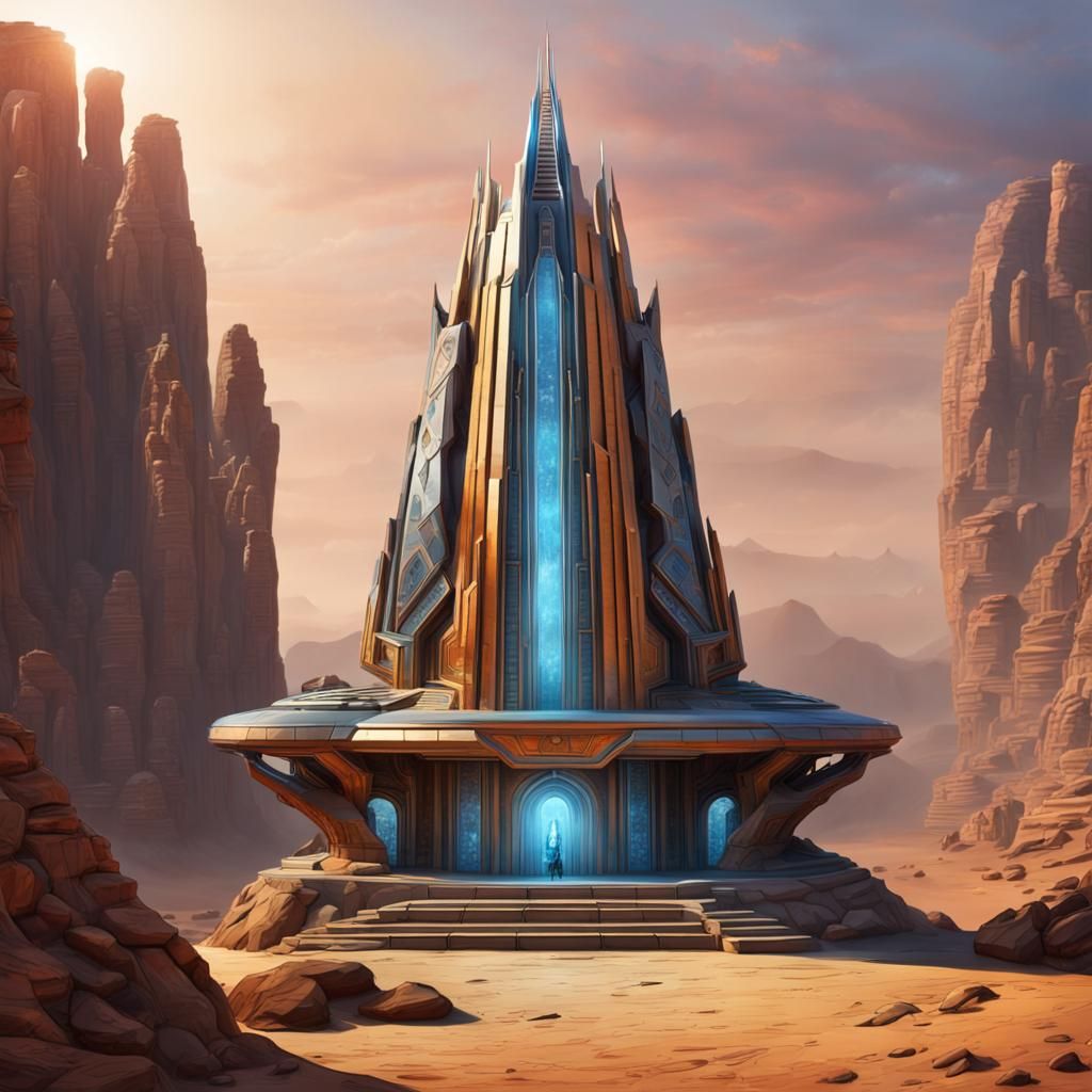 futuristic temple, on top of a high rock in the desert, in an distant ...