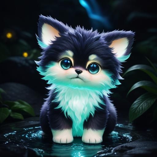 adorable cute chibi baby furry Puppy with a bioluminescent Waterfall in ...