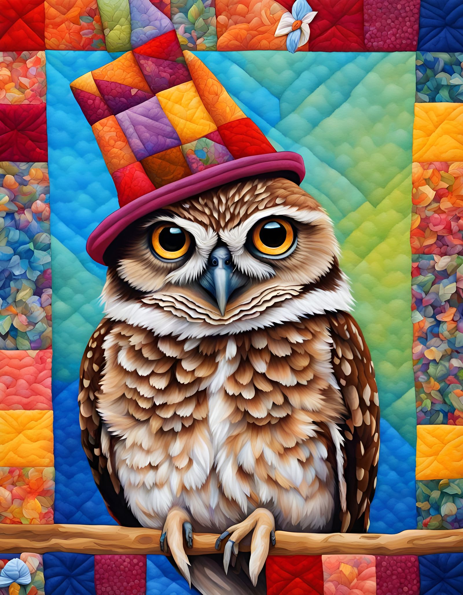 Burrowing owl with hat, fabric quilt - AI Generated Artwork - NightCafe Creator
